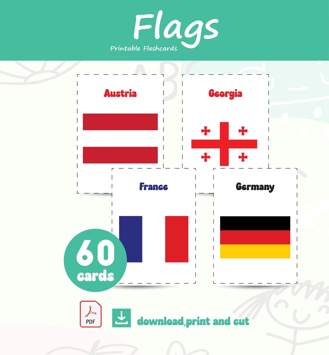 World Country Flags | 60 Countries Flashcards | Montessori Learning ...