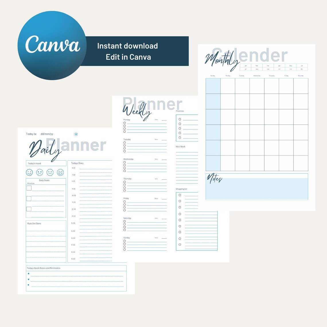 Daily, Weekly and Monthly Easy Print Planner Light Blue - Etsy