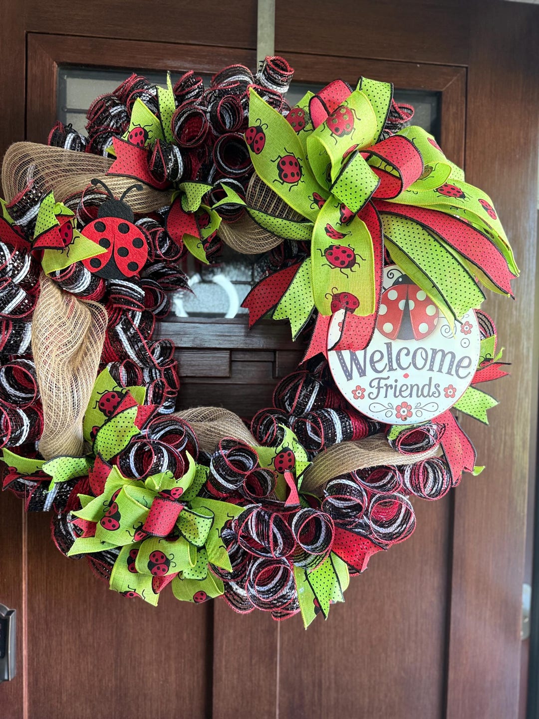 Ladybug Deco Mesh Wreath | Welcome Friends Spring/summer Wreath | Red ...