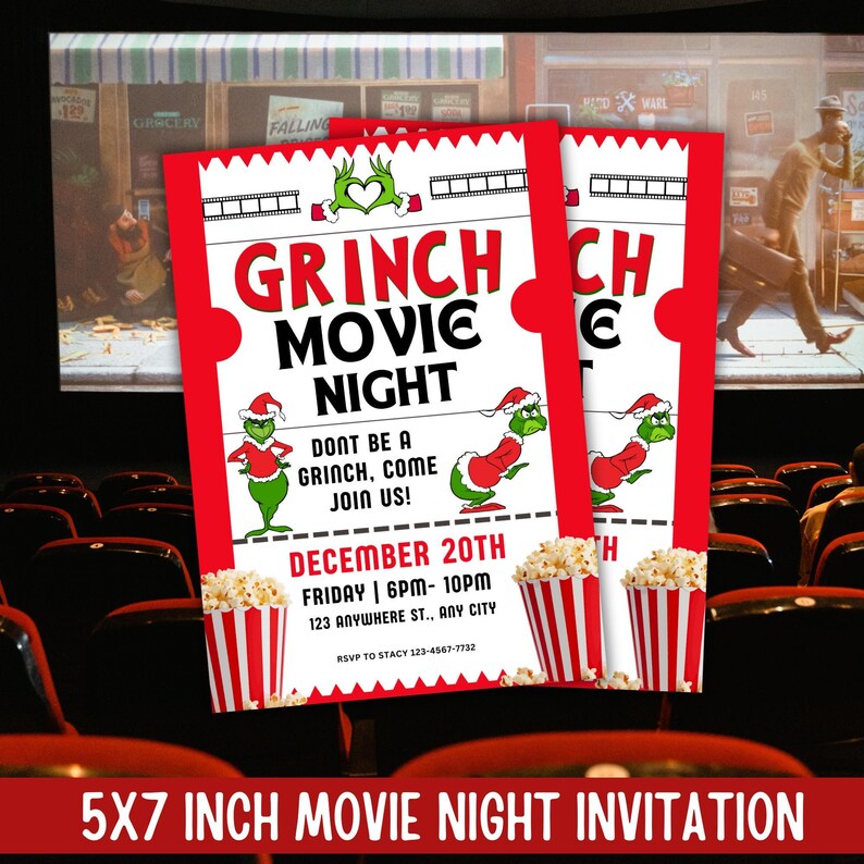 Grinch Movie Night Invitation, Canva Template, Editable Christmas Party ...