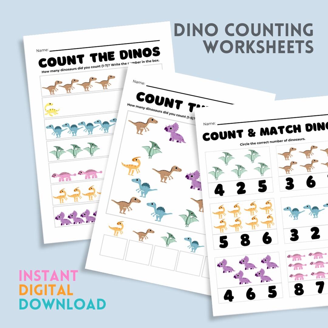 Dinosaur Counting Worksheets - Instant Download - Pack of 6 Worksheets ...