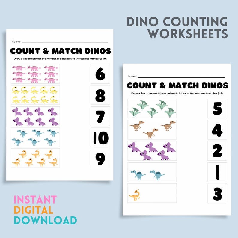 Dinosaur Counting Worksheets - Instant Download - Pack of 6 Worksheets ...