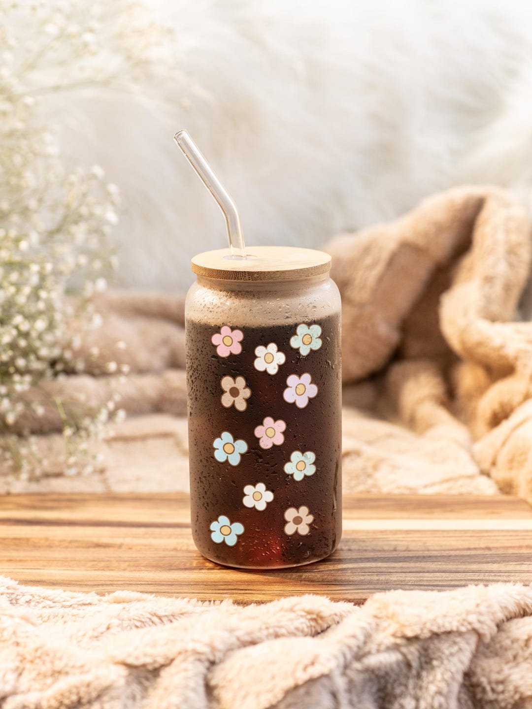 Flower Glass Cup, Large Glass With Handle, Trendy Cup With Lid and ...