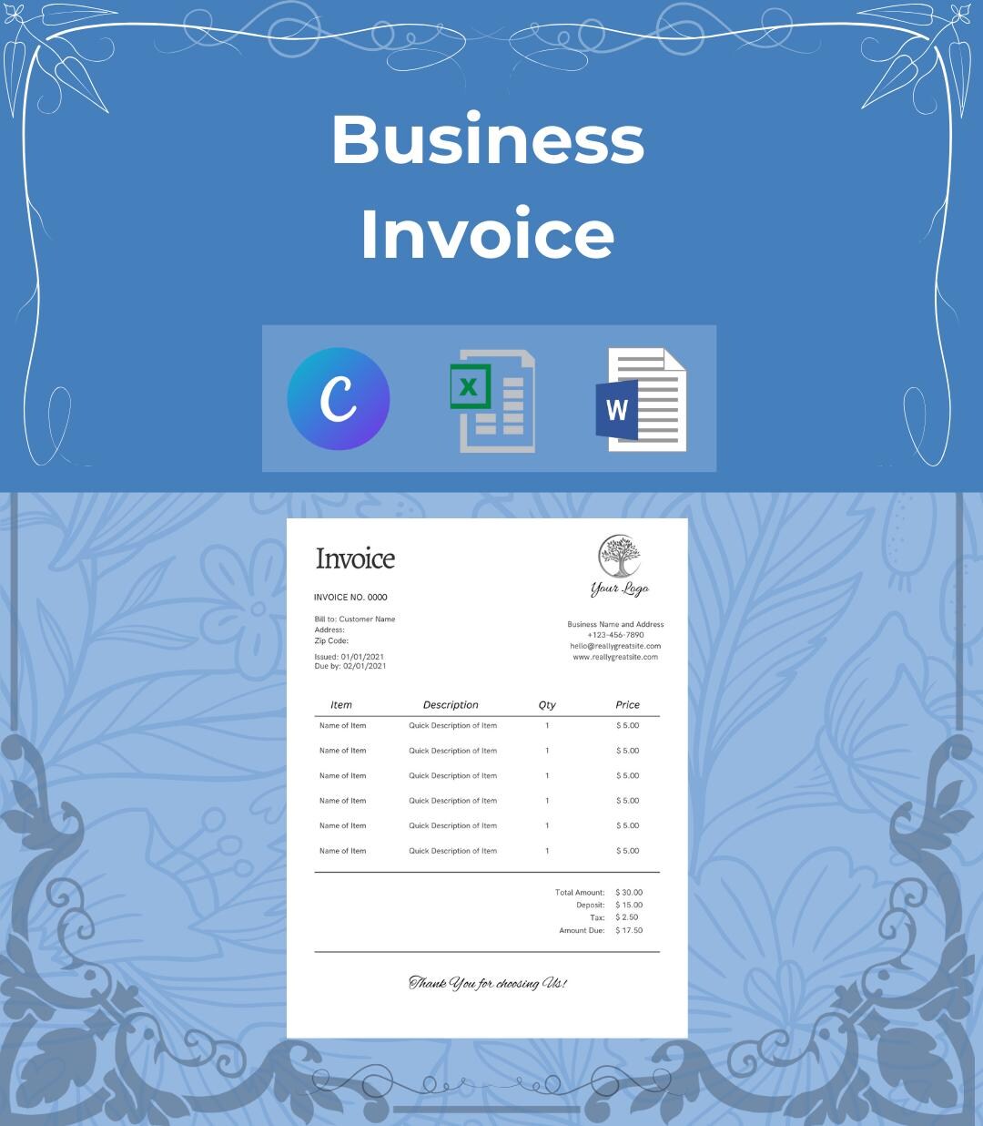 Editable Invoice Template, Printable Small Business Invoice, Editable ...