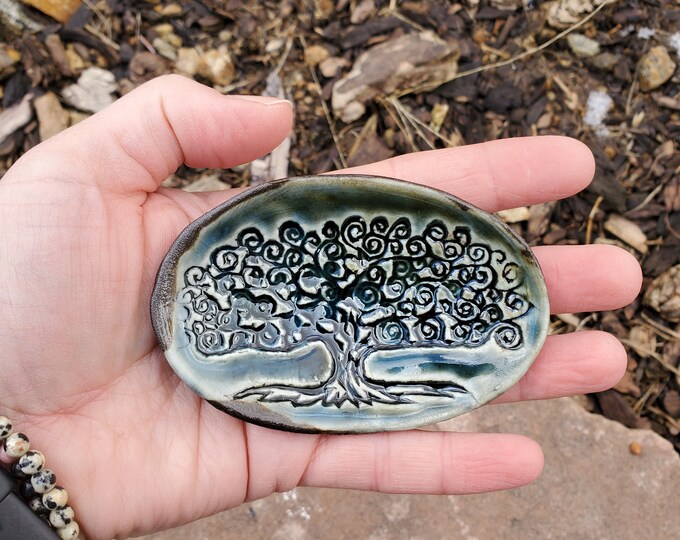 Ceramic Tree of Life Oval Trinket Dish, Blue and Black, Woodland Simple ...