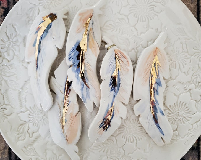Ceramic Bird Feather Christmas Ornament Charm Porcelain White and Gold ...