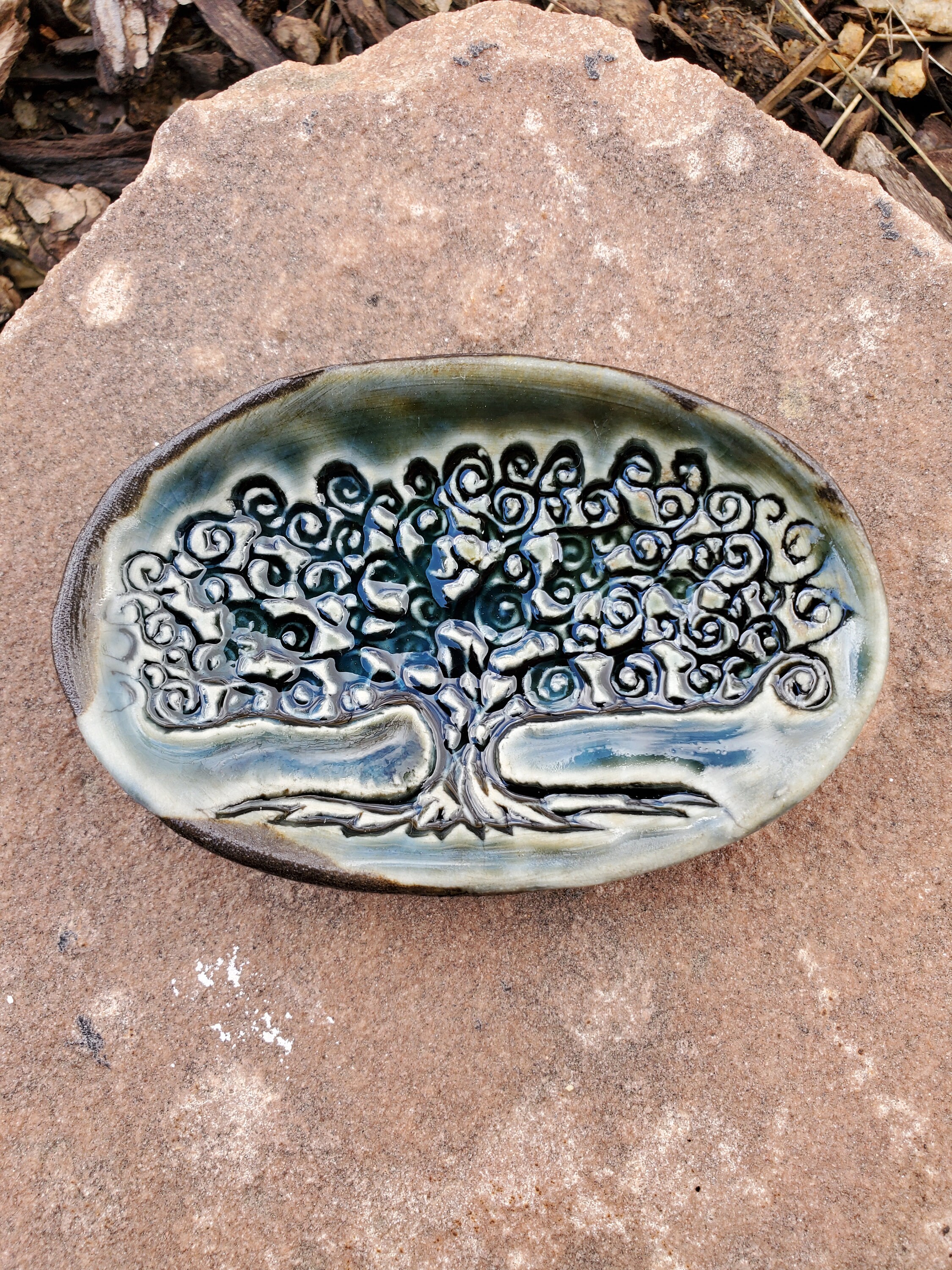 Ceramic Tree of Life Oval Trinket Dish Blue and Black | Etsy