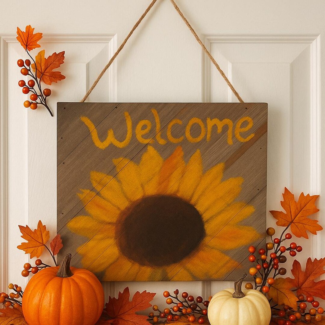 Rustic Sunflower Welcome Sign | Farmhouse Wooden Door Hanger ...
