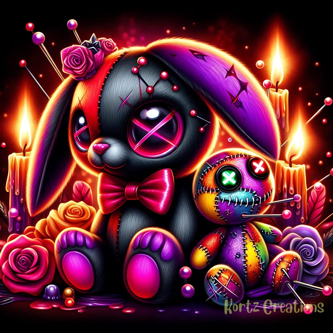 Voodoo Bunny & Stitched Doll Clipart | Neon Gothic Plush Art | Digital ...