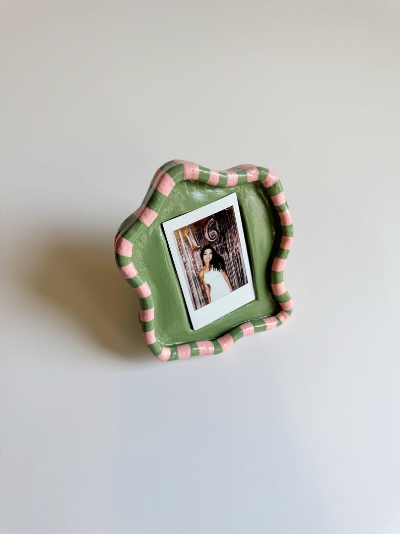 Wavy Ceramic Polaroid Frame – Handcrafted Photo Holder, Green & Pink ...