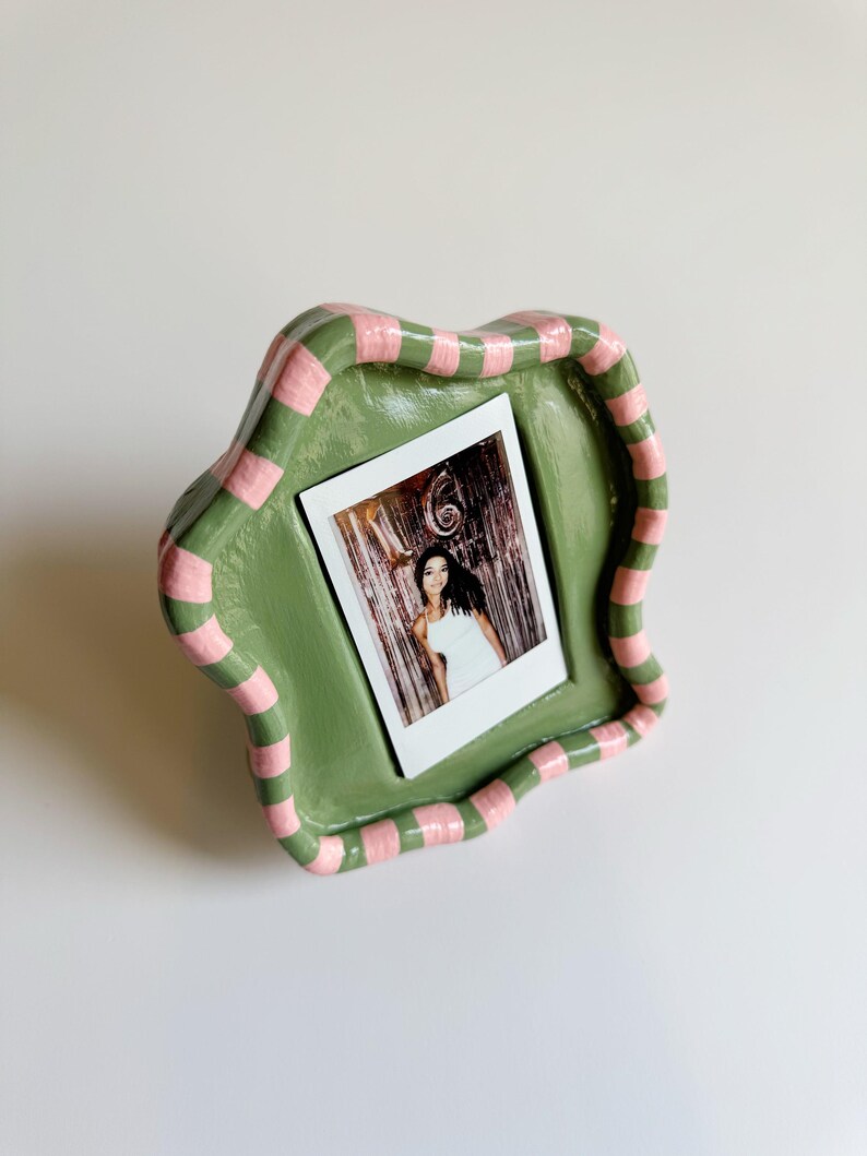 Wavy Ceramic Polaroid Frame – Handcrafted Photo Holder, Green & Pink Striped – Customizable Gift ...