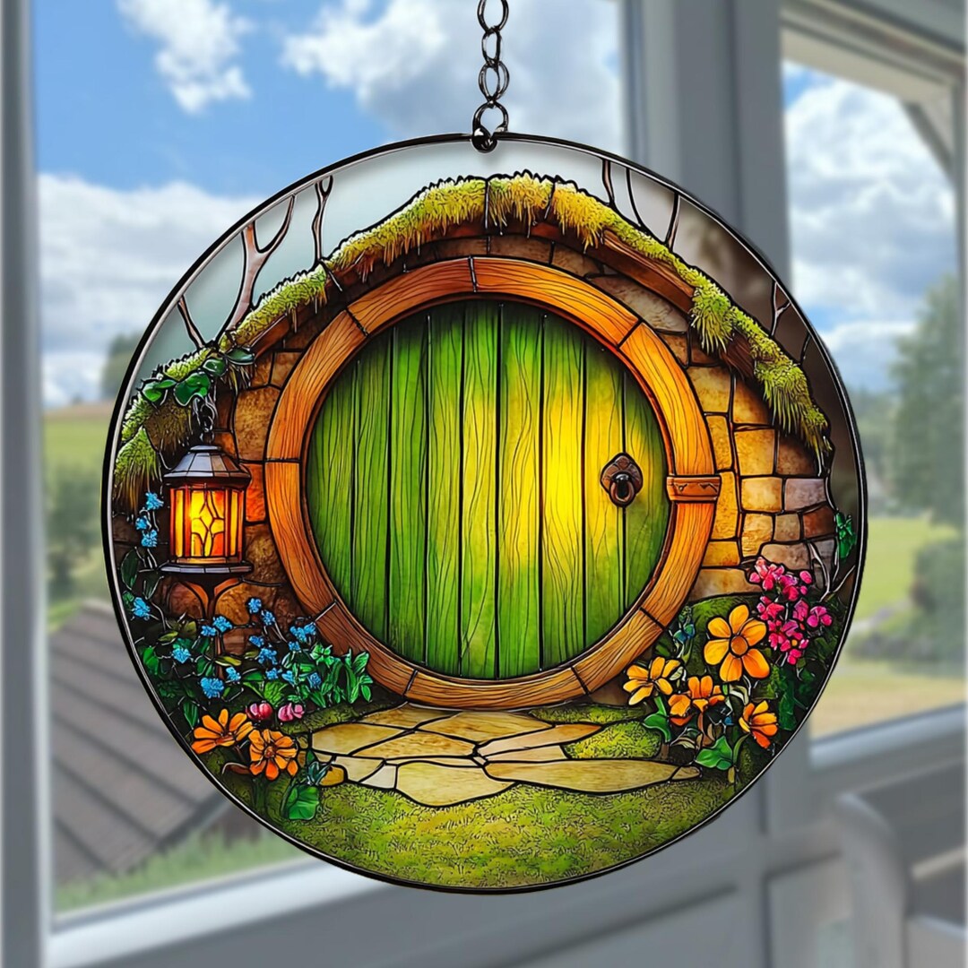 Hobbit Door Acrylic Faux Stained Glass Suncatcher, Round Cottage Window ...