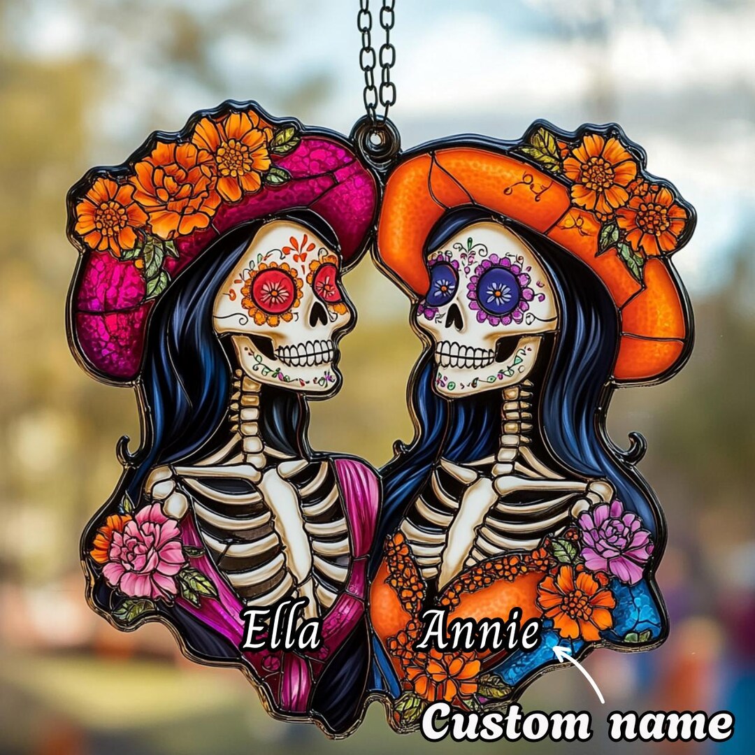 Custom Name Catrina Couple Acrylic Suncatcher, Faux Stained Glass Day ...
