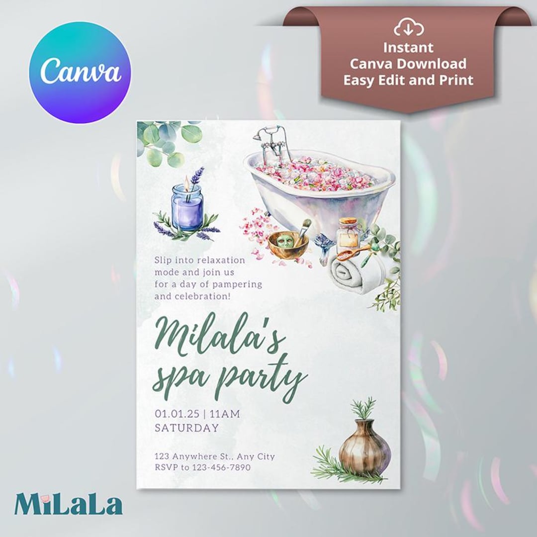Relaxation Spa Day Invitation | Watercolour Green & Purple Canva ...