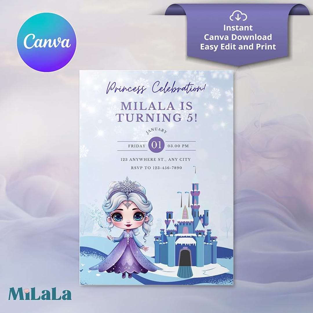 Frozen Princess Elsa Birthday Invitation | Purple & Blue Ice Palace ...