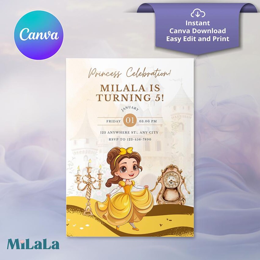 Princess Belle Birthday Invitation | Beauty & the Beast Gold Canva ...