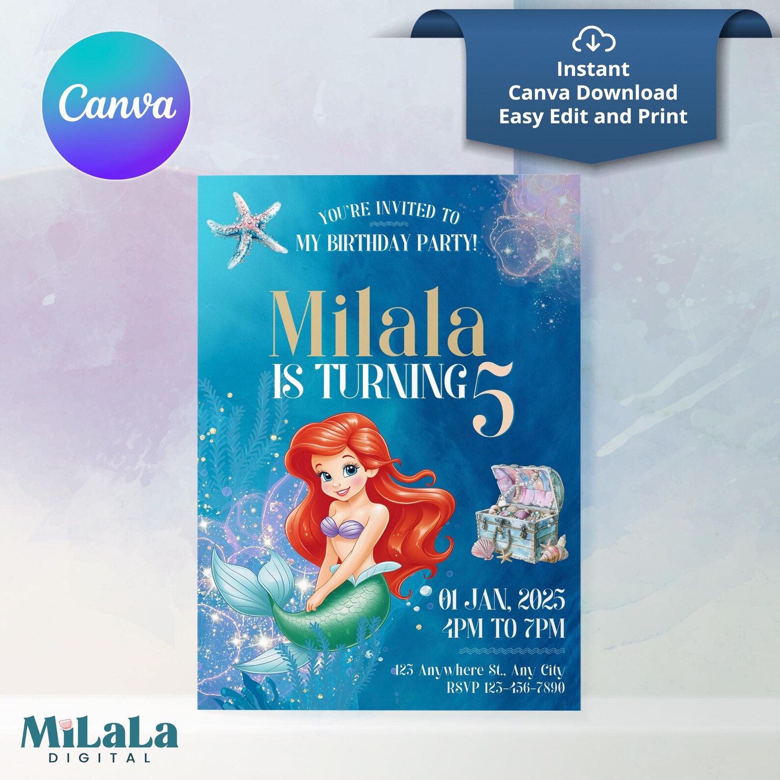 Editable Mermaid Birthday Invite | Canva Template | Under the Sea ...