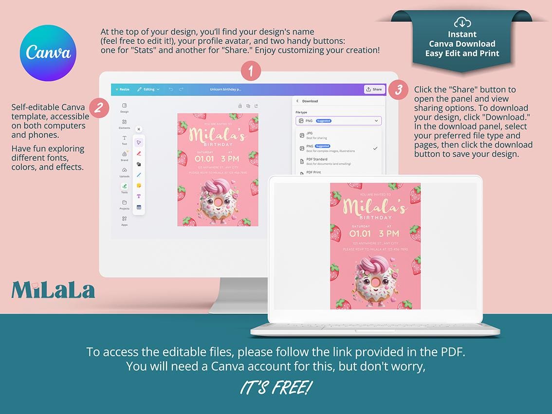 Donut Strawberry Birthday Card Template: Editable Canva Invite (digital ...