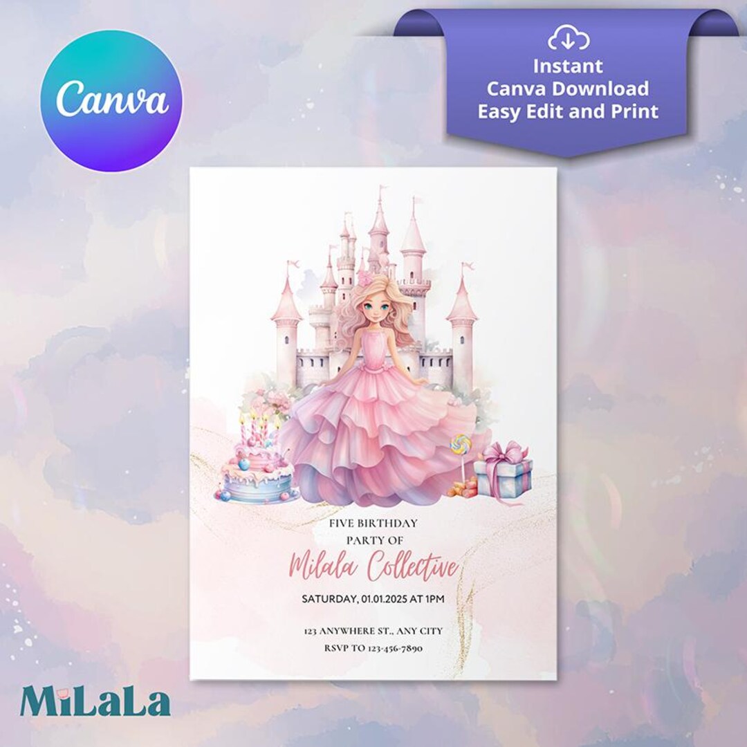 Barbie Princess Birthday Invitation | Pink & Pastel Canva Template - Etsy