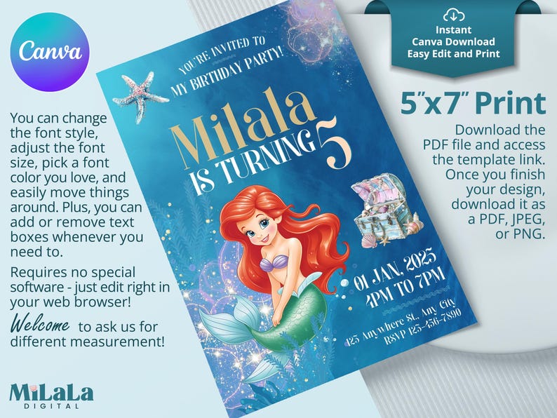 Editable Mermaid Birthday Invite | Canva Template | Under the Sea ...