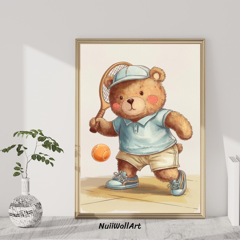 Vintage Tennis Teddy Bear Wall Art, Watercolor Illustration of a Bear ...