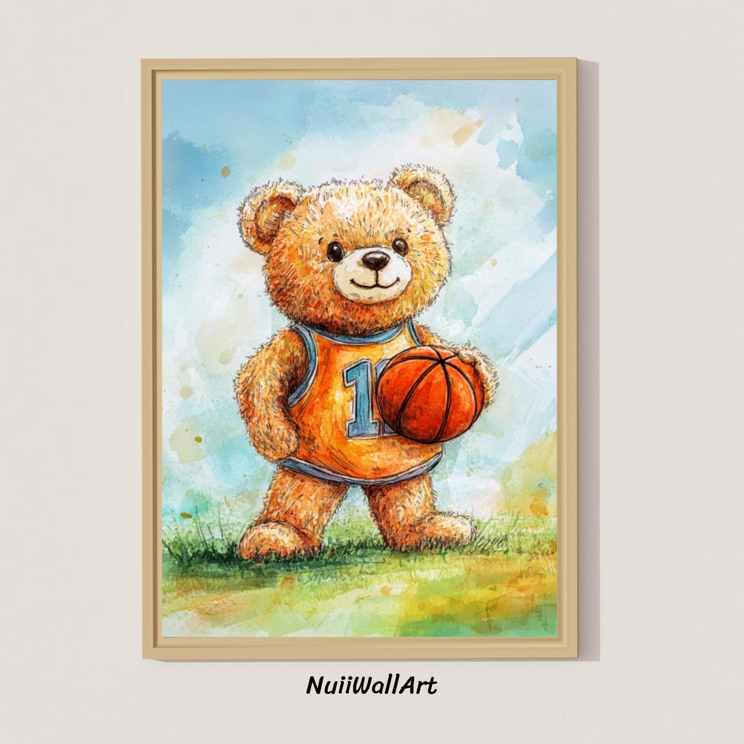 Teddy Bear Sports Wall Art, Babyshower Gift Boy, Watercolor Art, Sports ...