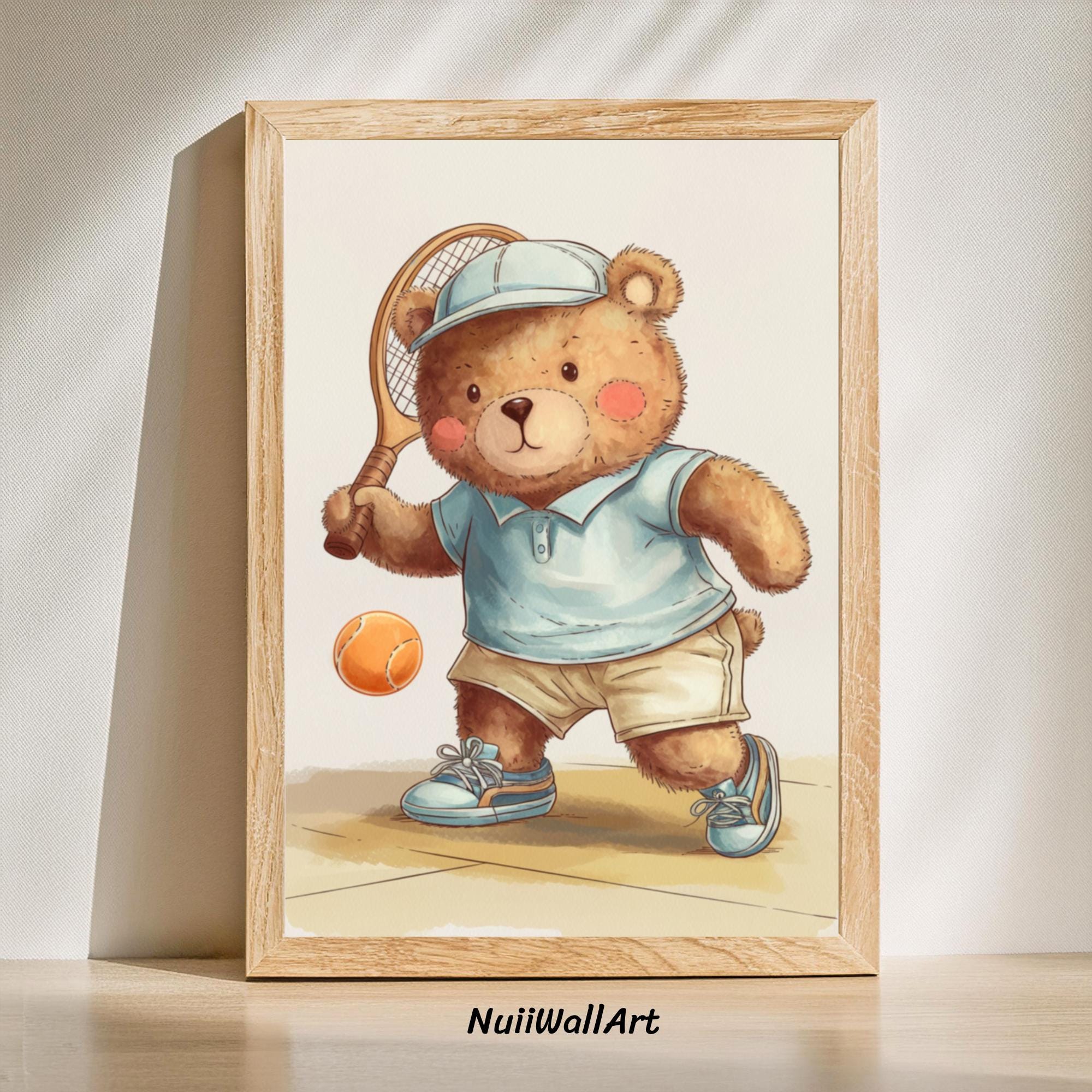 Vintage Tennis Teddy Bear Wall Art, Watercolor Illustration of a Bear ...