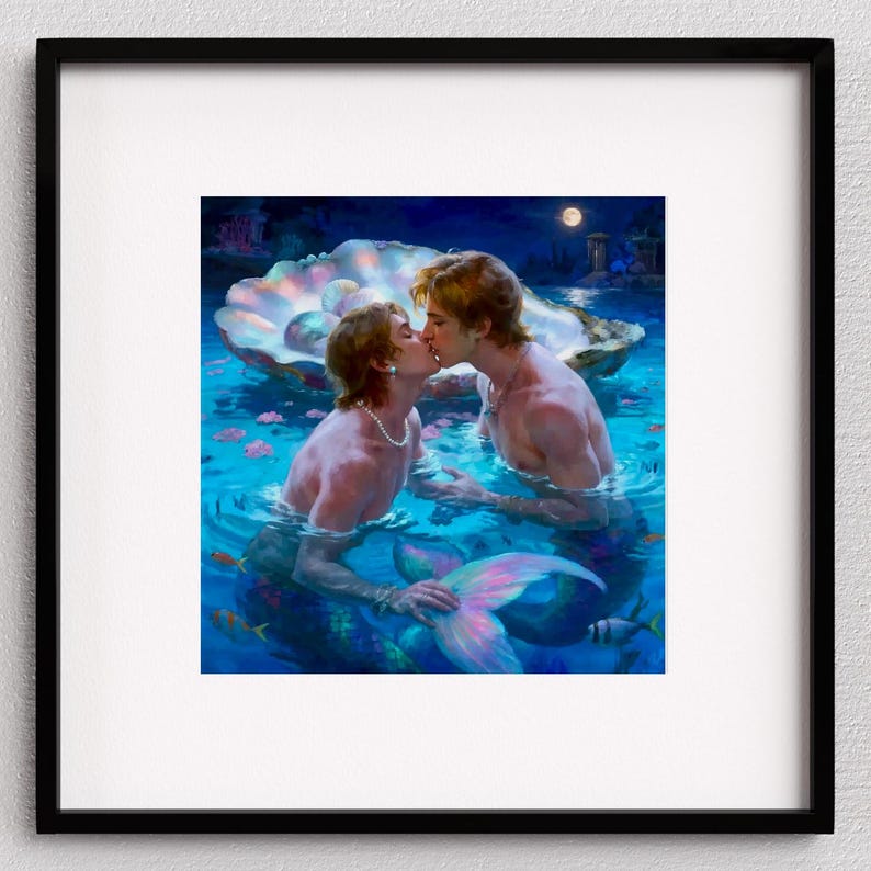 Pearl Lagoon Promise | Gay Merman Couple Art Print | Dreamy Ocean ...