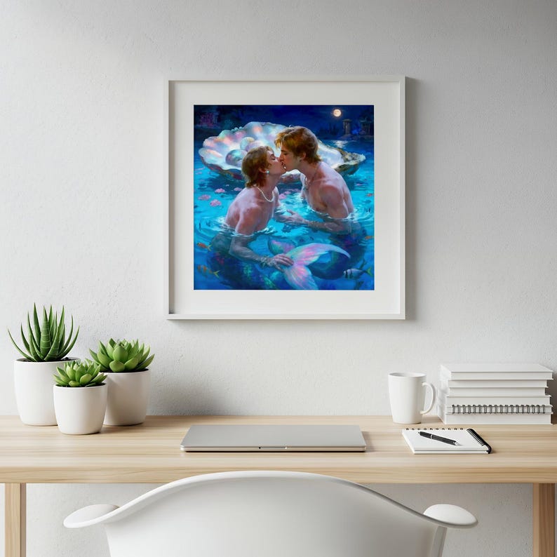 Pearl Lagoon Promise | Gay Merman Couple Art Print | Dreamy Ocean ...