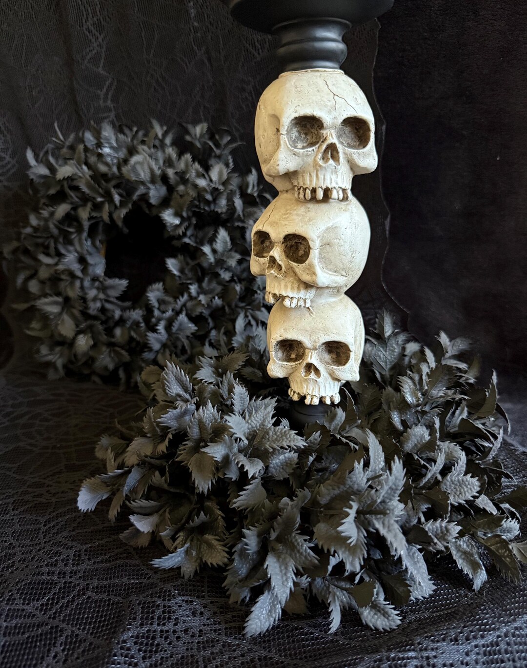 Mini Black Candle Ring Wreath, Gothic Halloween Decor, Black Lemon Leaf ...