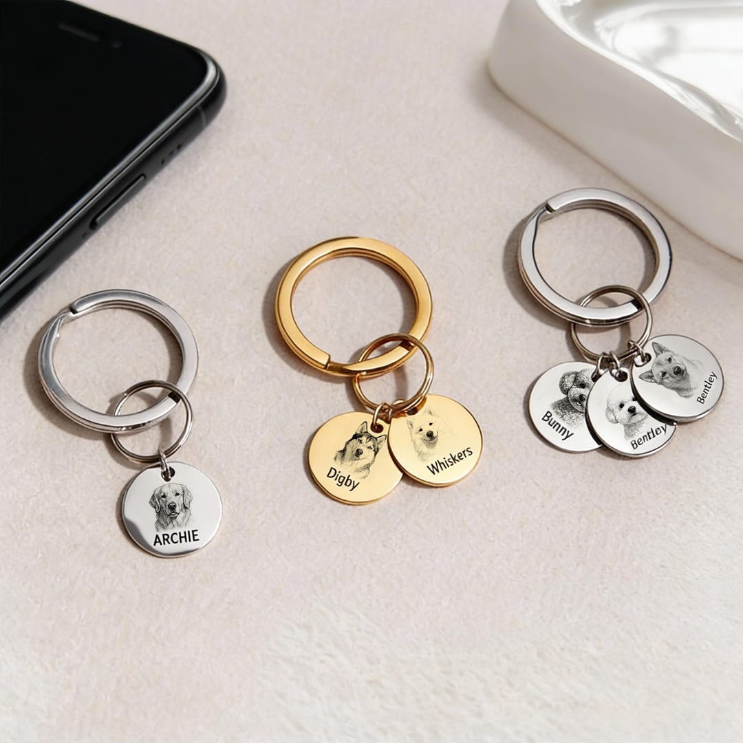 Engraved Pet Portrait Keychain, Custom Dog/cat Memorial Tag, Steel ...