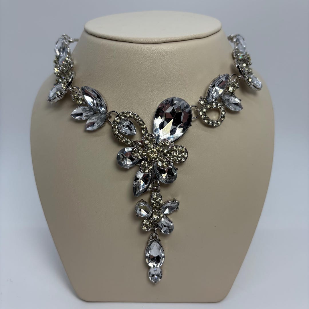 Silver Flower Crystal Floral Statement Necklace, Silver Flower Necklace ...