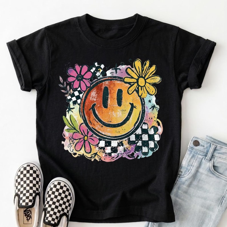 Retro Smiley Face Comfort Colors Shirt, Groovy Flower Checkered Graphic ...