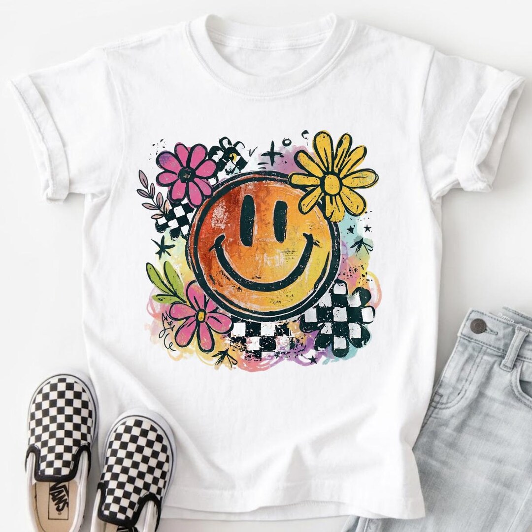 Retro Smiley Face Comfort Colors Shirt, Groovy Flower Checkered Graphic ...