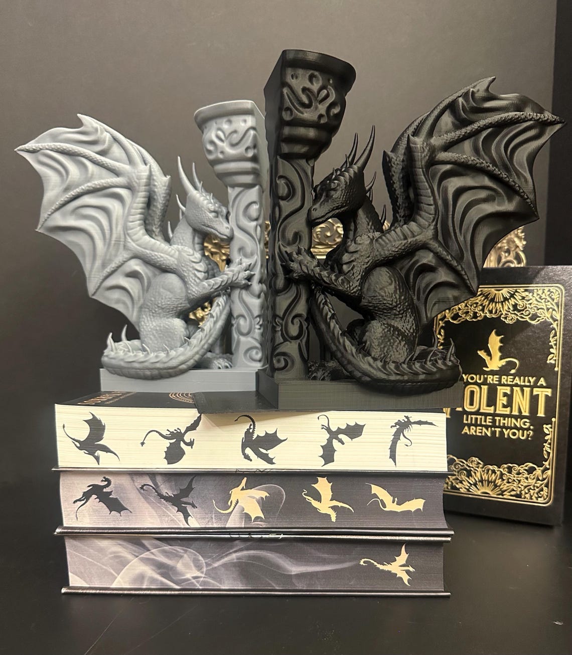 Dragon Bookends Grey and Black/set 3D Bookshelf Decor Gothic Fantasy ...