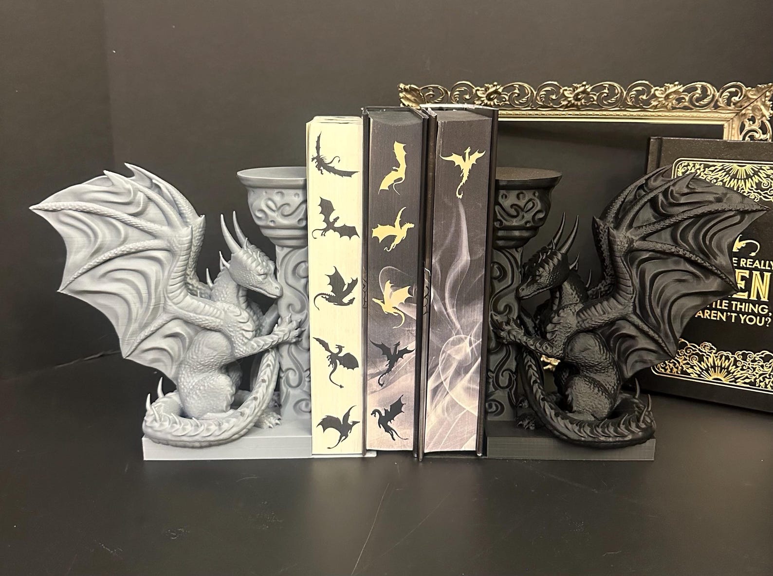 Dragon Bookends Grey and Black/set 3D Bookshelf Decor Gothic Fantasy ...