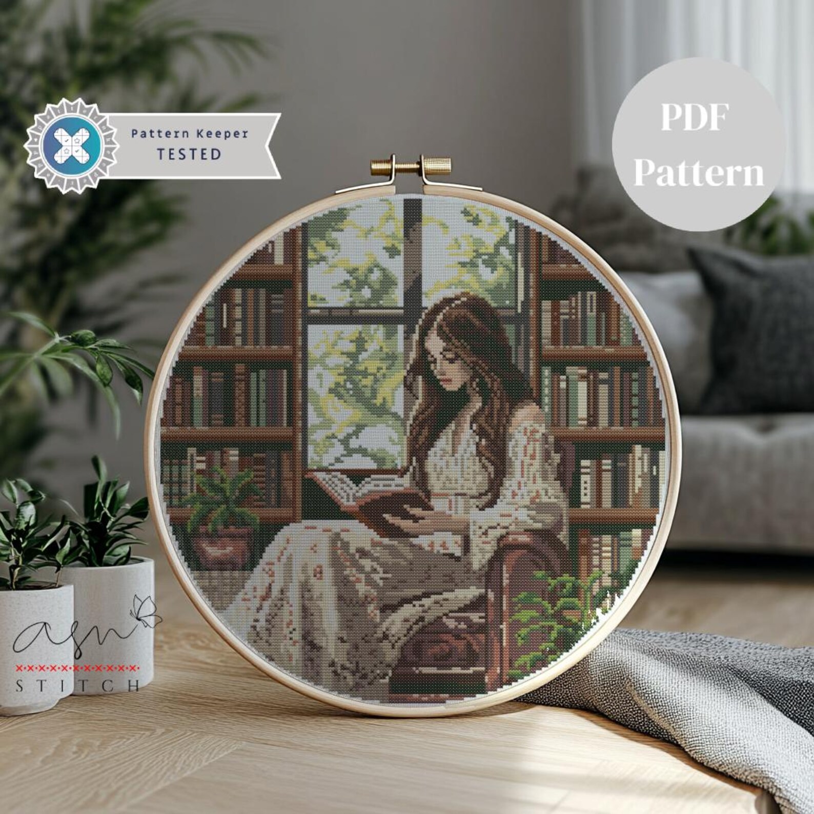 Girl in Library Cross Stitch Pattern, Book Lover Design (PDF Pattern ...