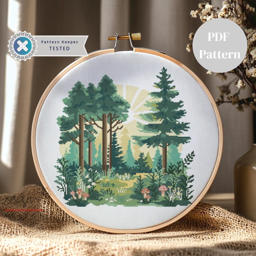 Summer Forest Cross Stitch Pattern, Cross Stitch Forest Stream Pattern ...