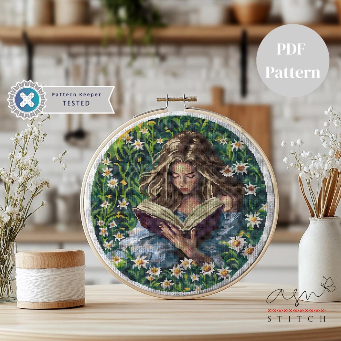 Girl Reading Book Cross Stitch Pattern, Reading Book Cross Stitch ...