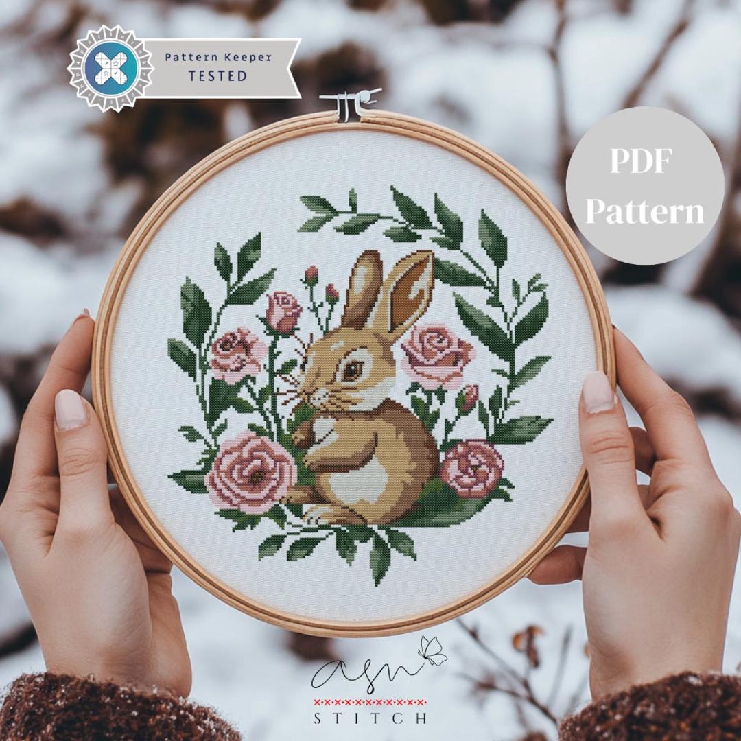 Bunny With Flower Cross Stitch Pattern, Cute Rabbit Cross Stitch ...