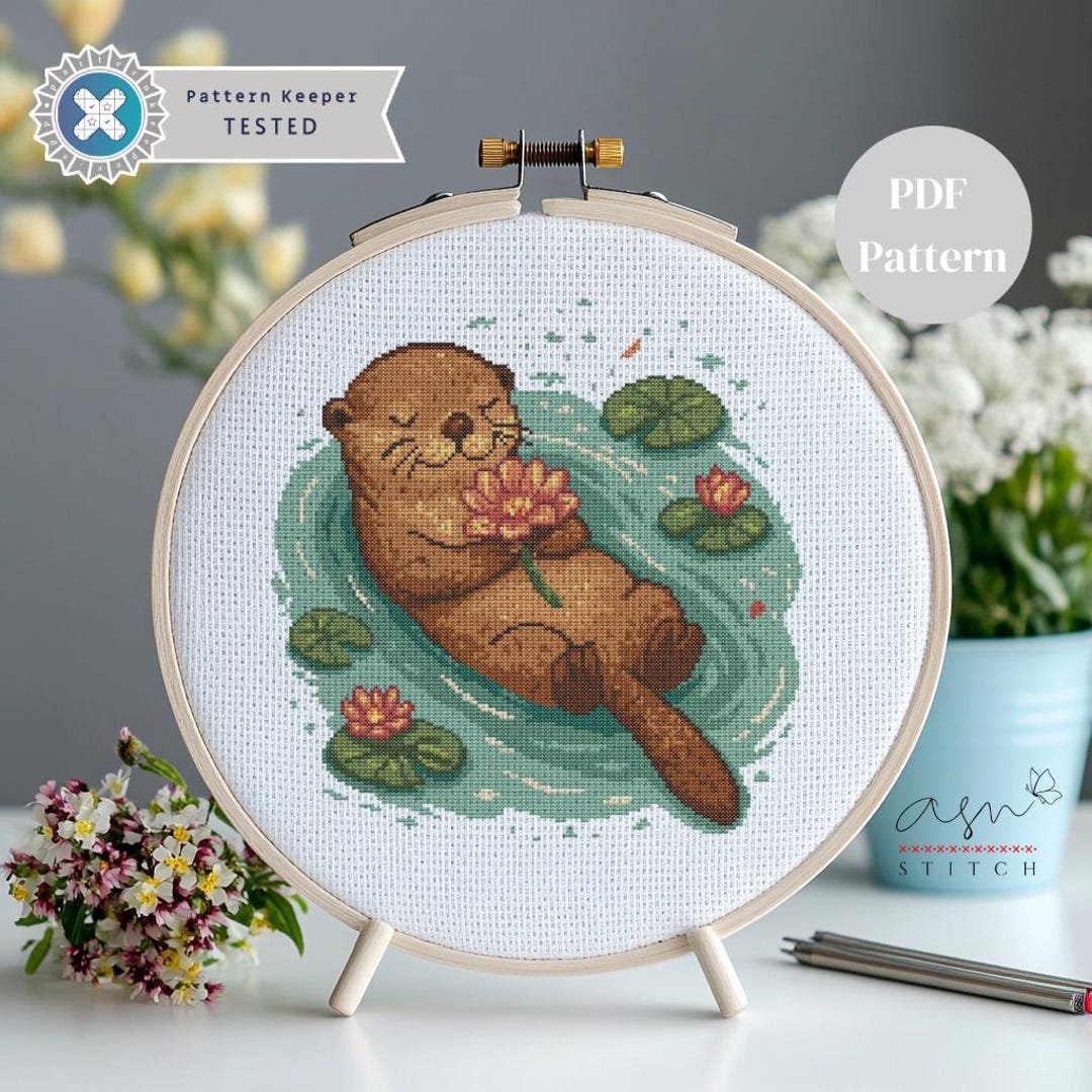 Cross Stitch Otter, Flower Otter Cross Stitch Pattern, Cross Stitch ...