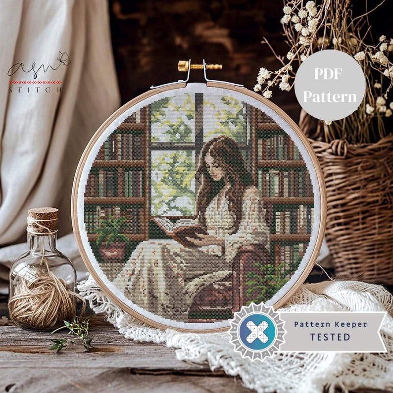 Girl in Library Cross Stitch Pattern, Book Lover Design (PDF Pattern ...