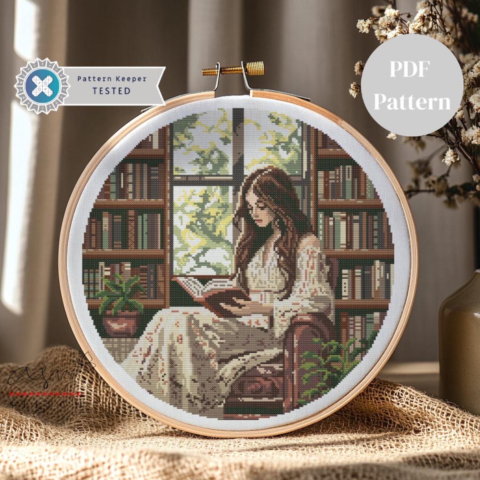 Girl in Library Cross Stitch Pattern, Book Lover Design (PDF Pattern ...
