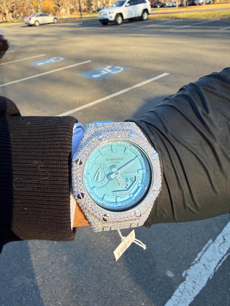Custom Baby Blue G-shock GA2100 With Iced Out Bezel | Pastel Blue Casio ...