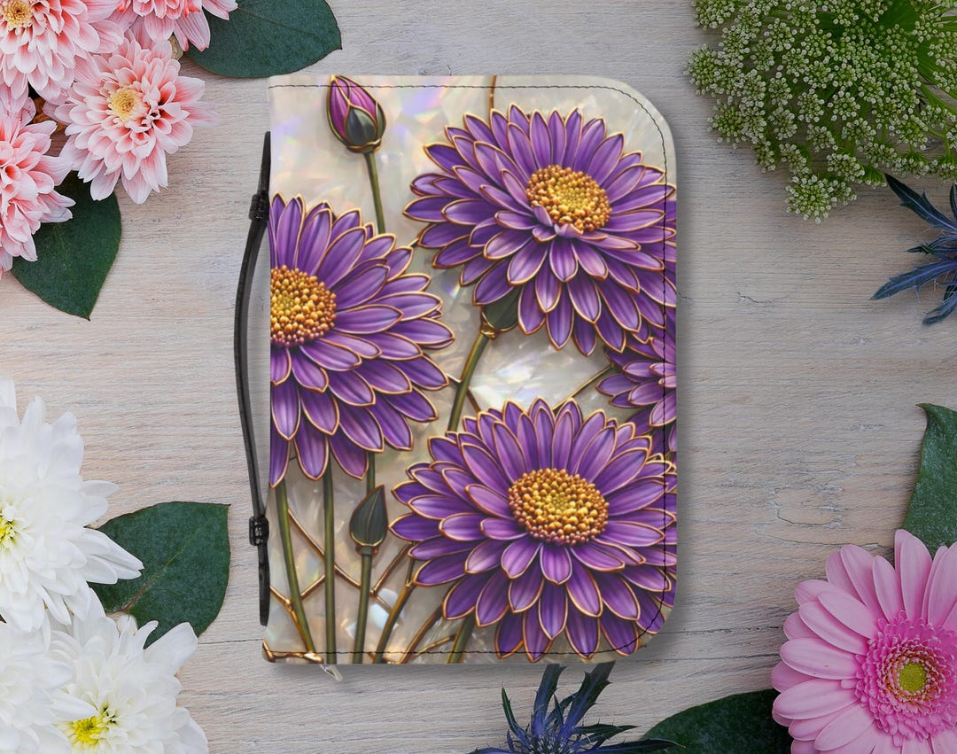 Bible Cover With Stained Glass Effect Aster Flower, Zippered Bible Case ...