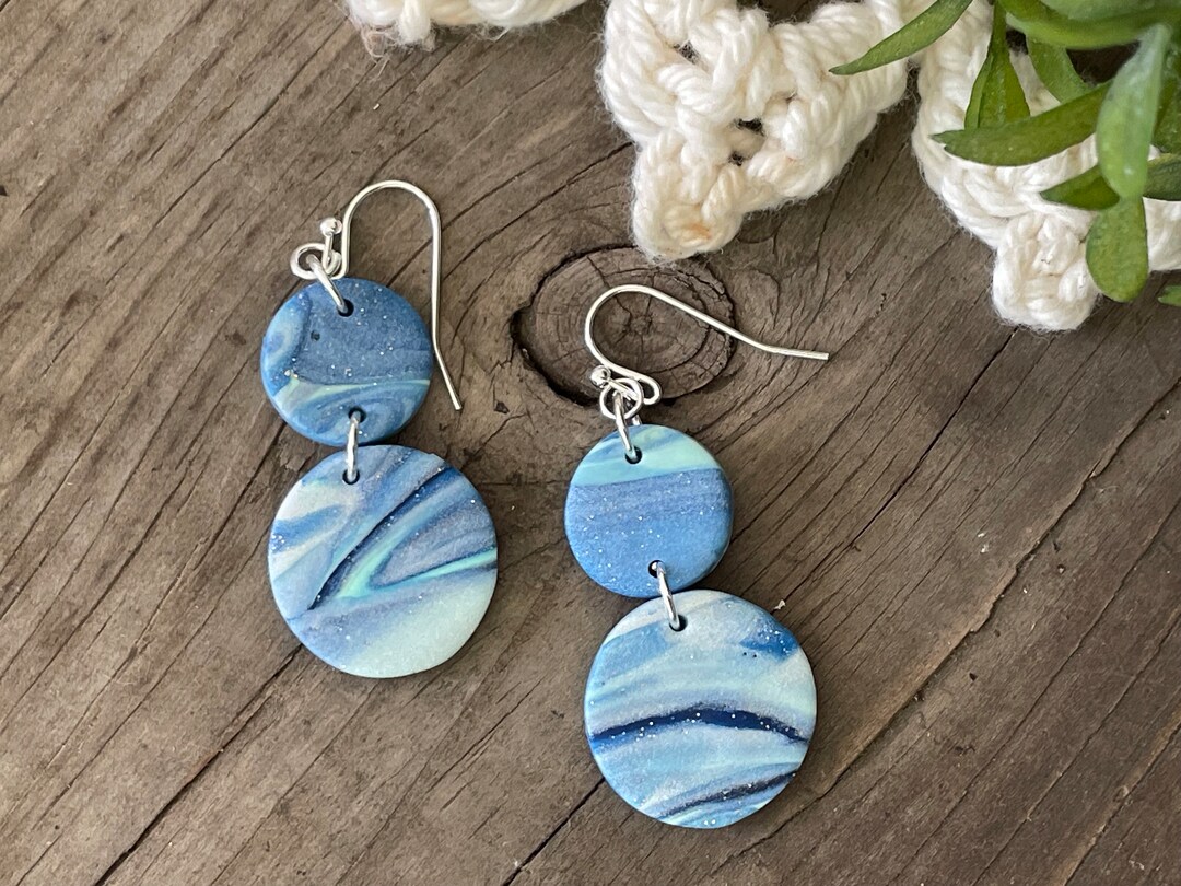 Double Blue Swirl Circles French Wire Polymer Clay Earrings - Etsy