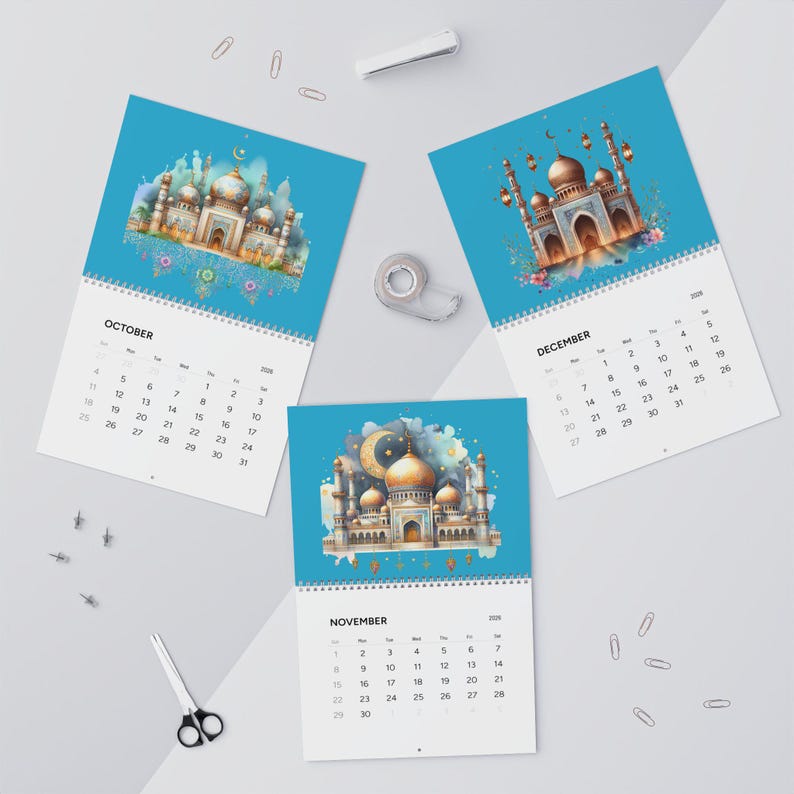 Islamic 2026 Wall Calendar, Watercolor Mosques Islamic Calendar ...