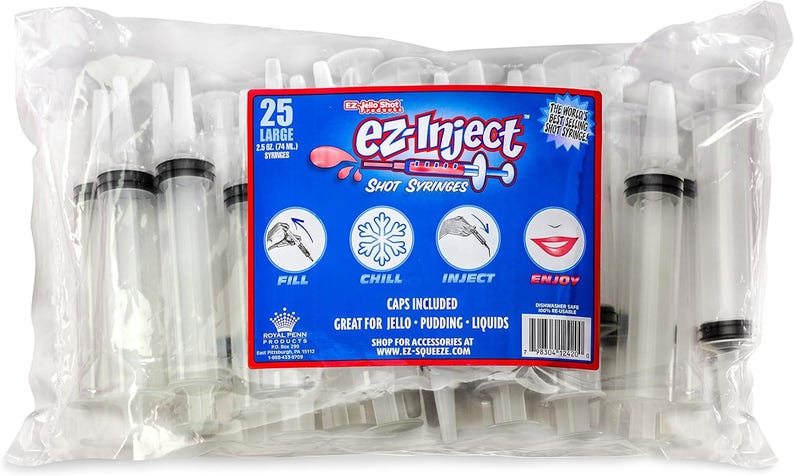 25 Pcs Ez-inject Jello Shot Syringes With Caps - 100% Safe and Reusable ...