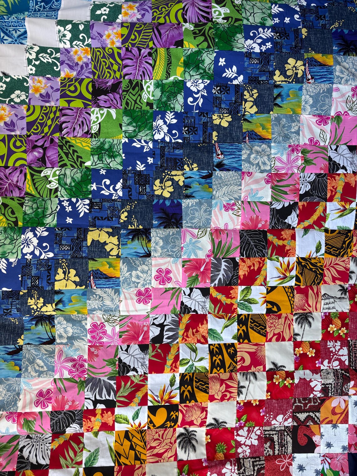 Hawaiian Print Patchwork Quilt | Twin Size Blanket | Diagonal Mixed ...