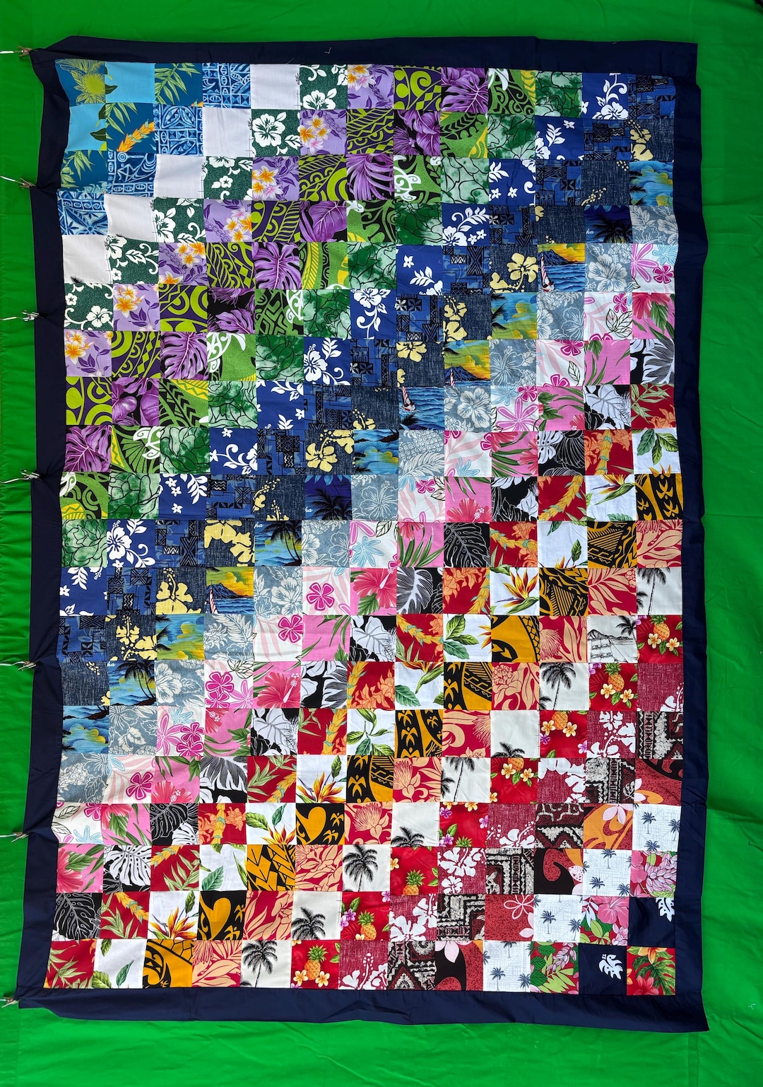 Hawaiian Print Patchwork Quilt | Twin Size Blanket | Diagonal Mixed ...